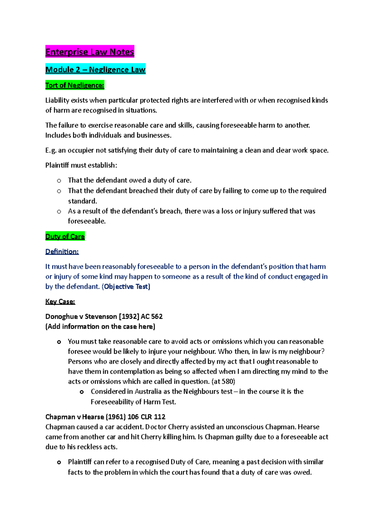 Enterprise Law Notes - Enterprise Law Notes Module 2 – Negligence Law ...