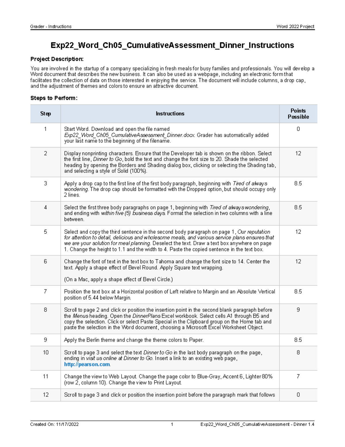 Exp22 Word Ch05 Cumulative Assessment Dinner Instructions Instructions ...