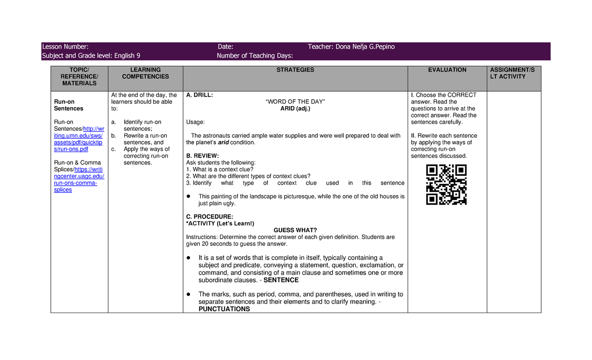 Run-On Sentences - Lesson Number: Date: Teacher: Dona Neῆa G Subject ...