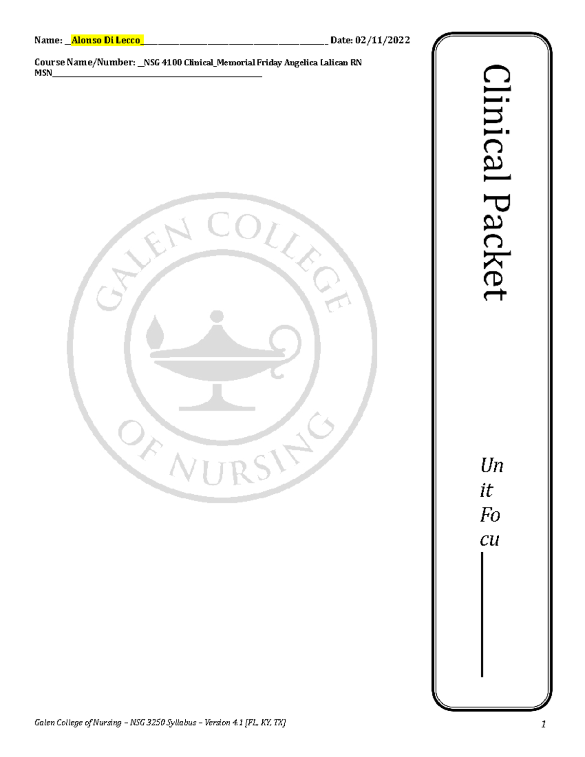Clin.Pack.5 from hospital Clinical packet - ####### Name: Alonso Di ...