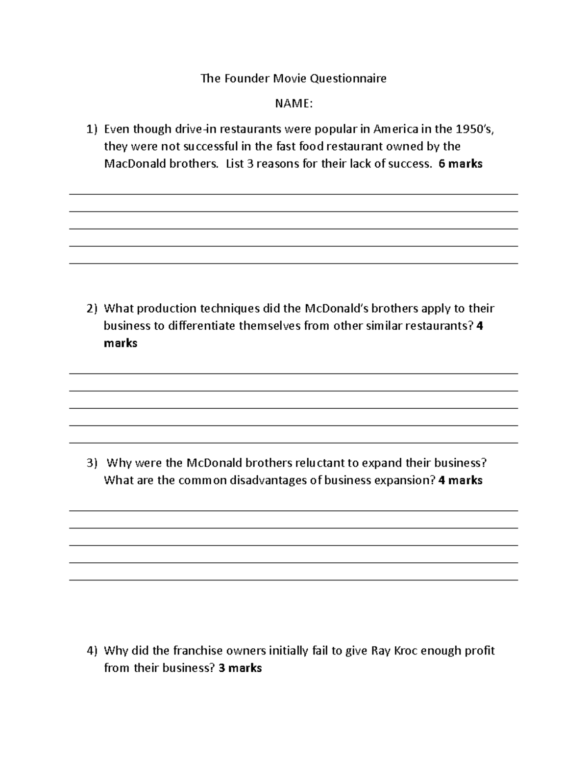 The Founder Movie Questionnaire - The Founder Movie Questionnaire NAME ...