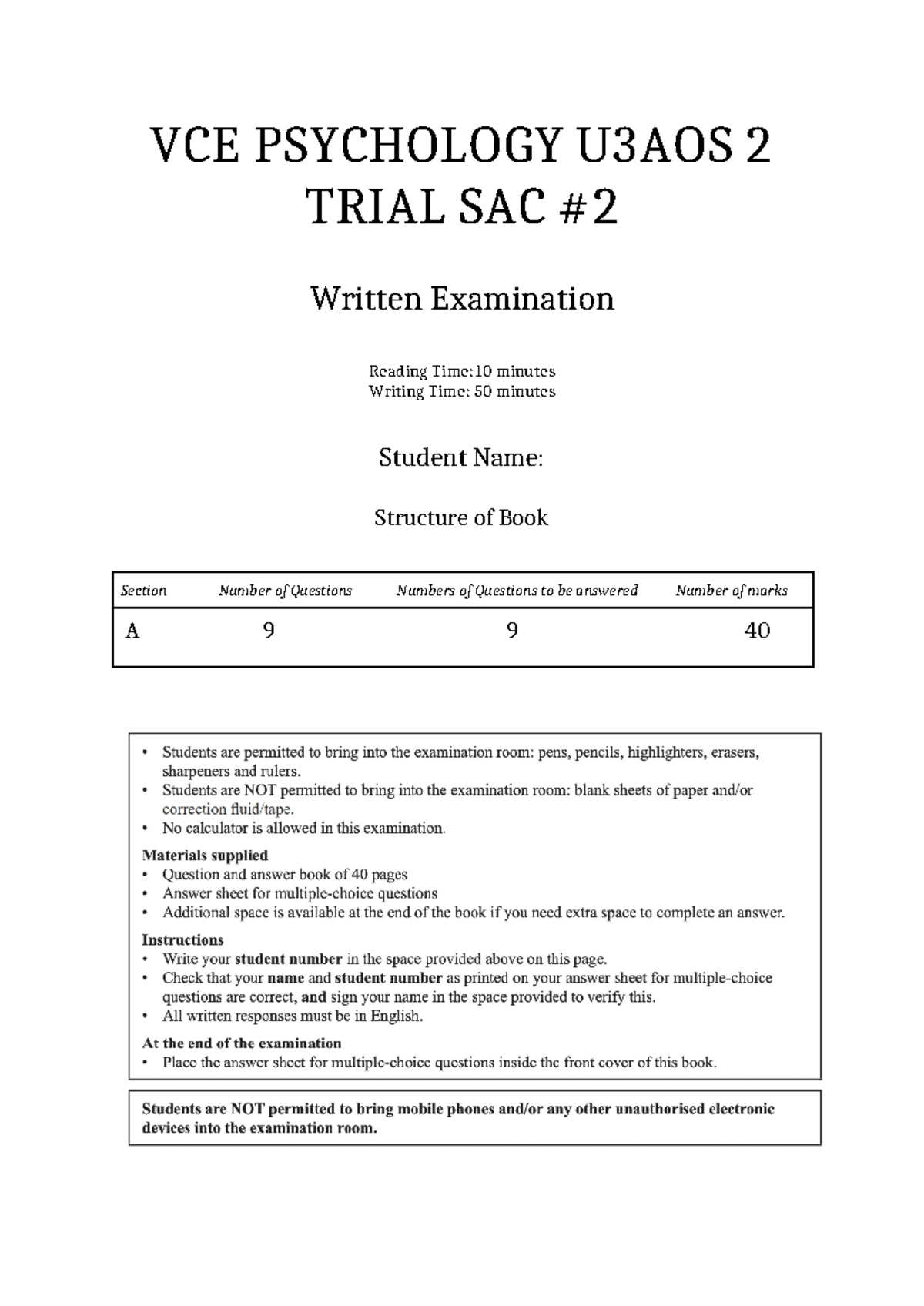 Pscyh U3AOS2 Trial SAC #2 - VCE PSYCHOLOGY U3AOS 2 TRIAL SAC Written ...