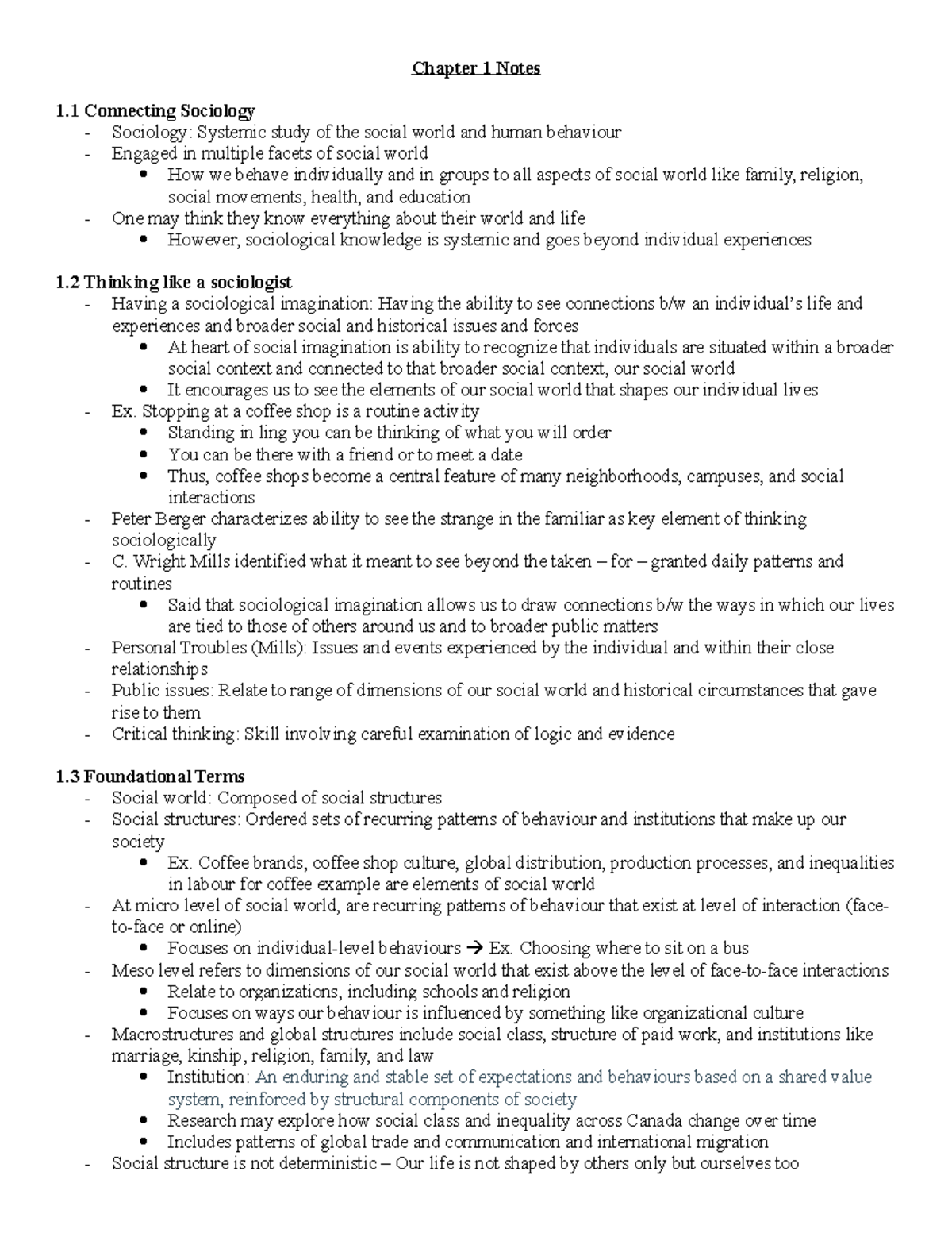 Chapter 1-3 Notes - Chapter 1 Notes 1 Connecting Sociology - Sociology ...
