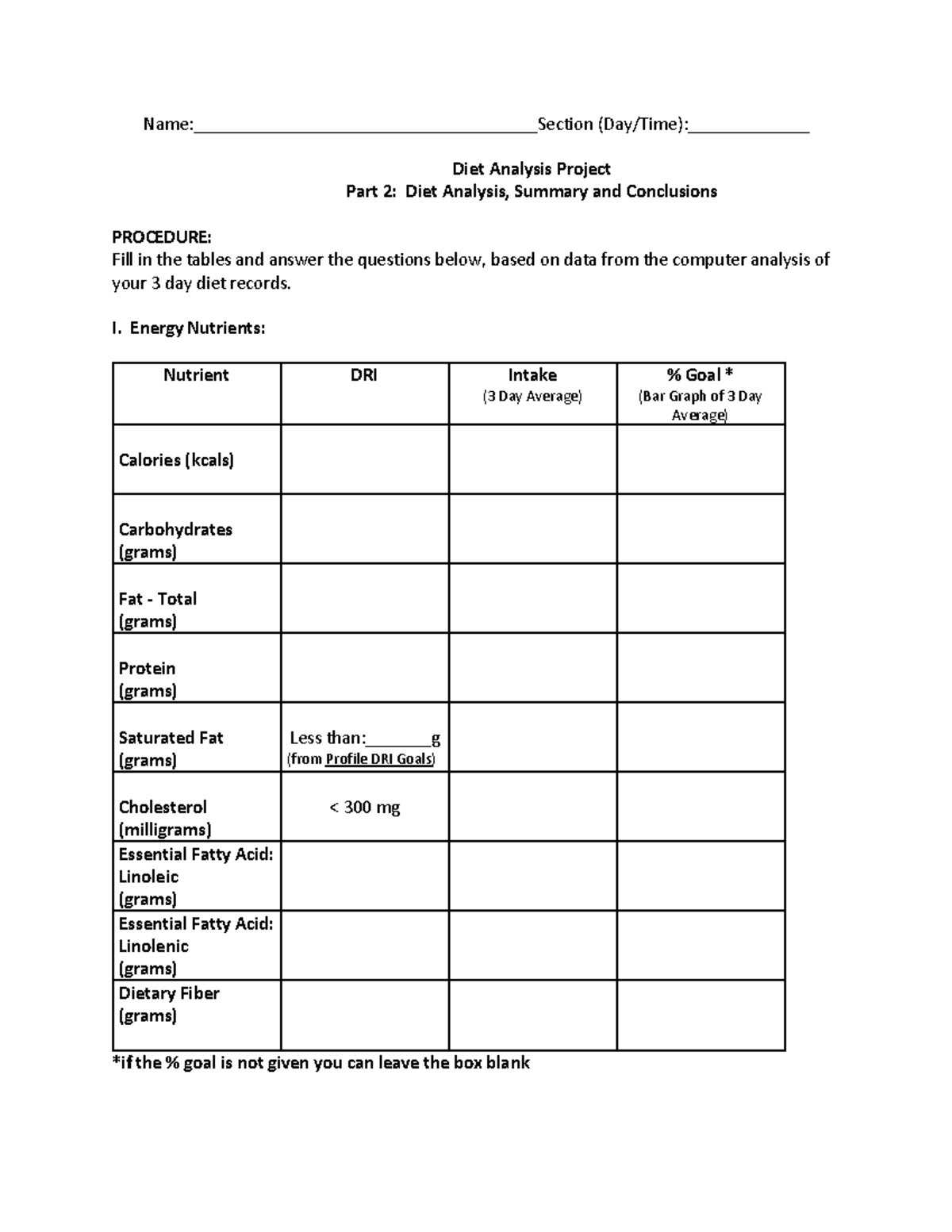 10 Diet Project - Name:________________________Section (Day/Time): Diet ...