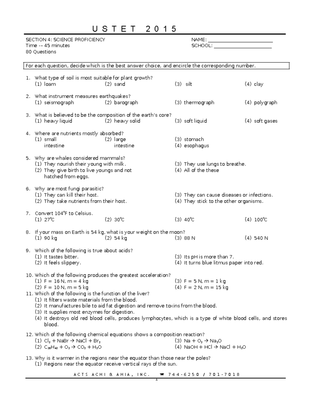ACTS ACHI & AHIA Ustet 2015 Practice Section 4 Science - SECTION 4 ...