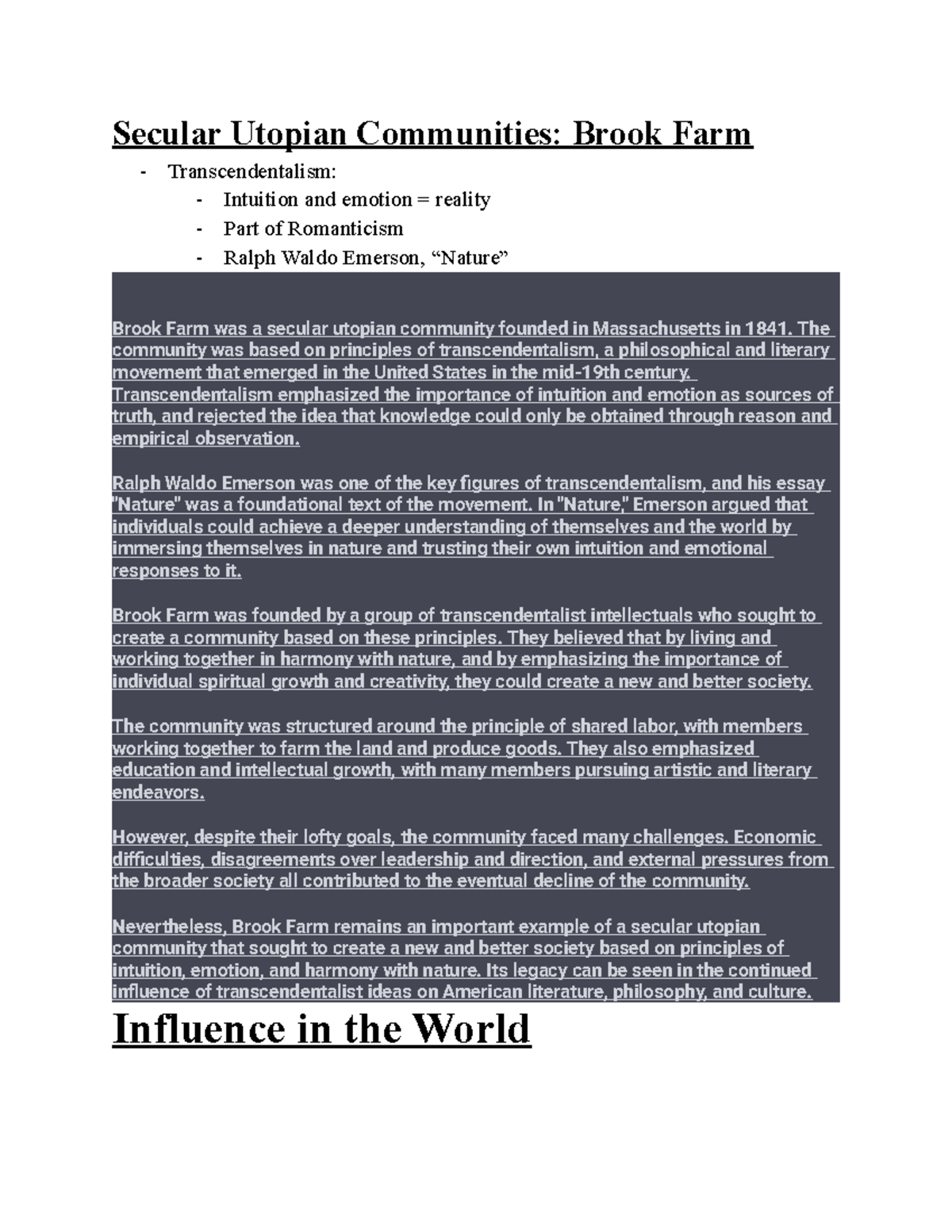 Secular Utopian Communities Brook Farm influence in the World Key ...