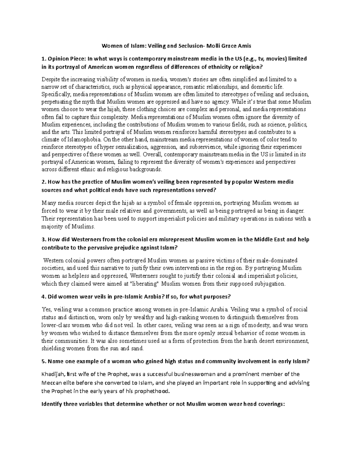 Film Worksheet-Women of Islam - Women of Islam: Veiling and Seclusion ...