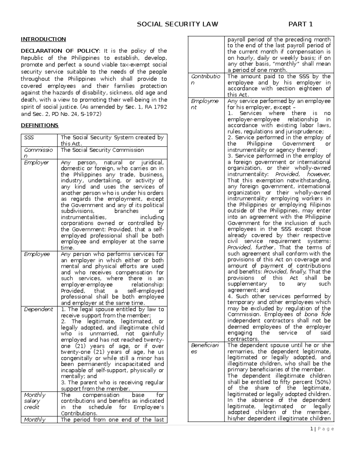 Social Security Law pt 1 - INTRODUCTION DECLARATION OF POLICY: It is ...