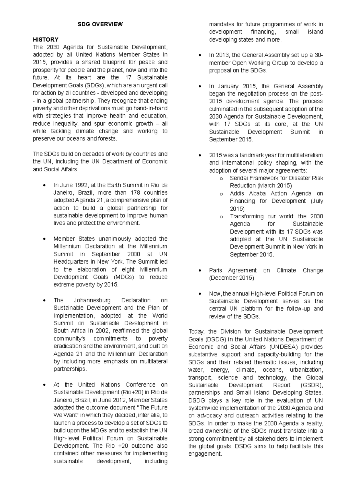 SDG Handouts - SDG OVERVIEW HISTORY The 2030 Agenda for Sustainable ...