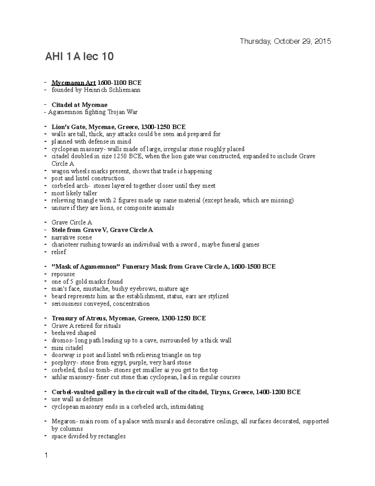 AHI 1A lec 10 - Lecture notes 10 - Thursday, October 29, 2015 AHI 1A ...