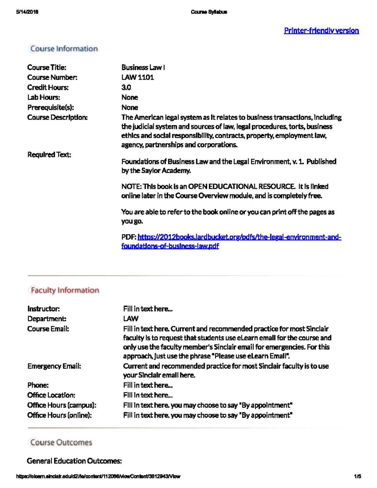 Business Law Syllabus - LAW 1101 - Studocu