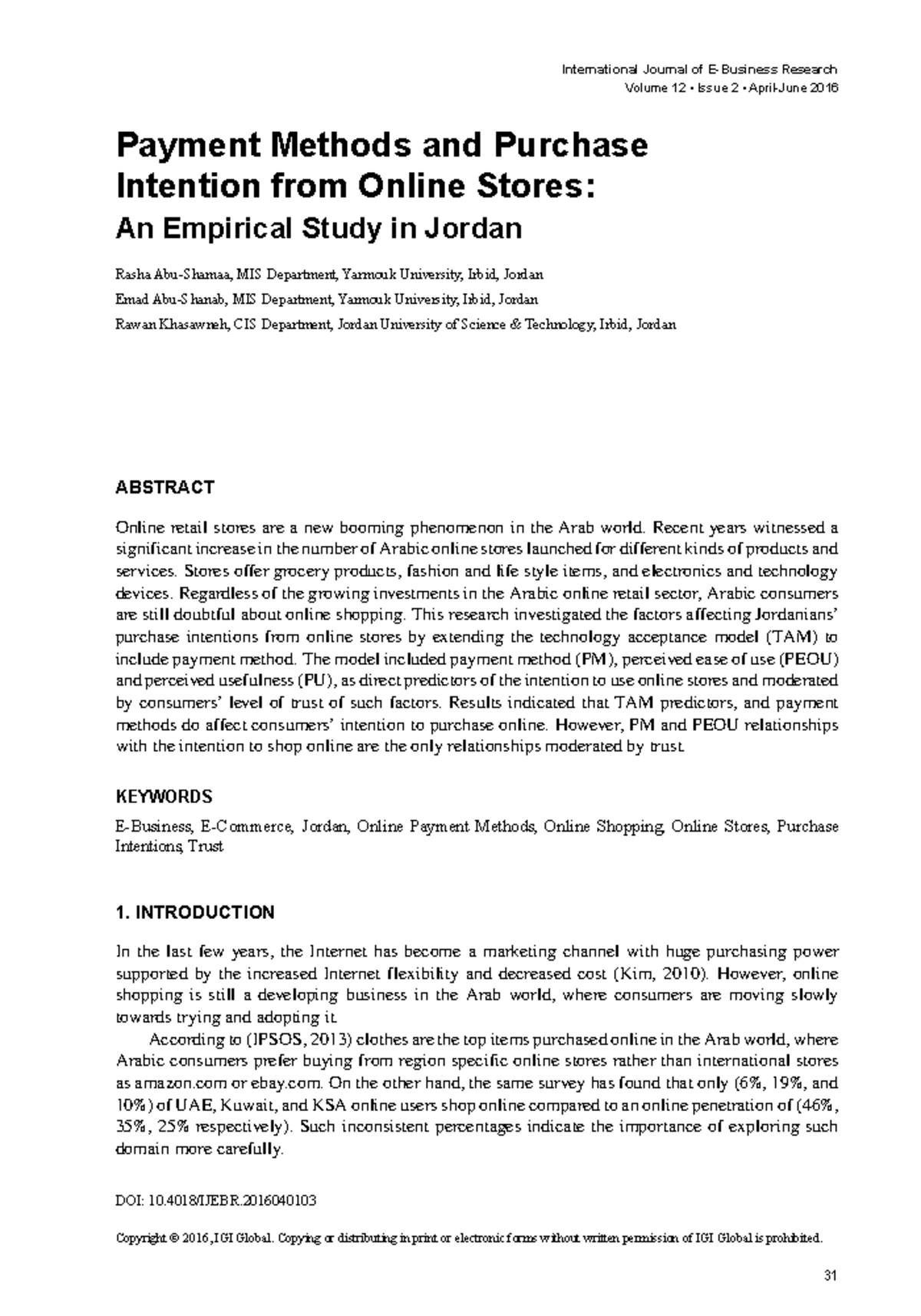 Payment Methods and Purchase Intention f - DOI: 10/IJEBR. Copyright ...