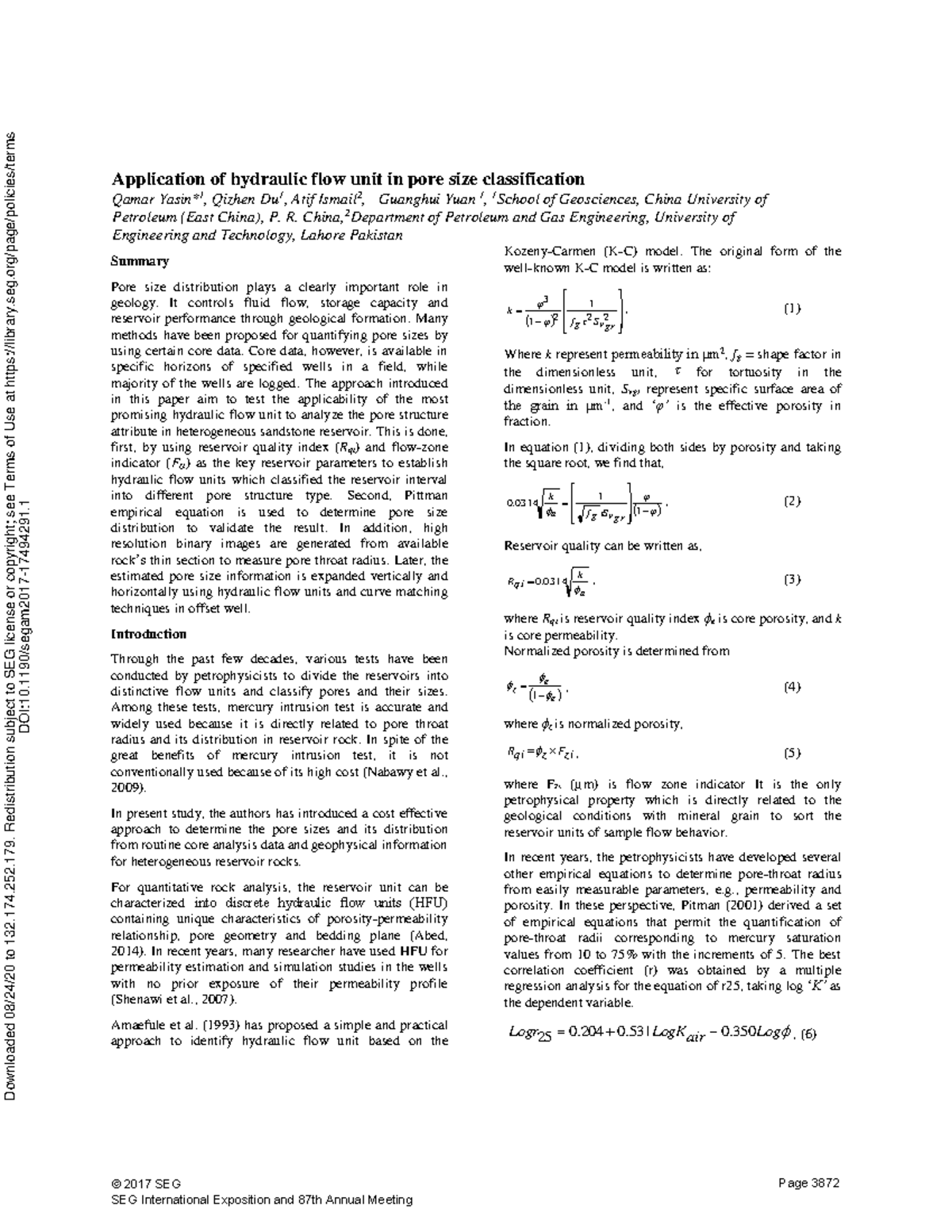 Yasin 2017 - Student - Application of hydraulic flow unit in pore size ...
