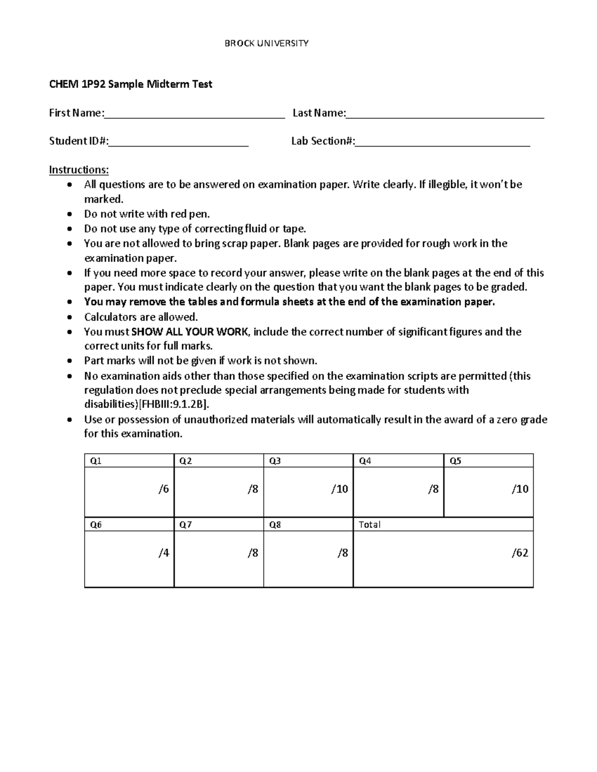 Sample-CHEM 1P92 Midterm - BROCK UNIVERSITY CHEM 1P92 Sample Midterm ...