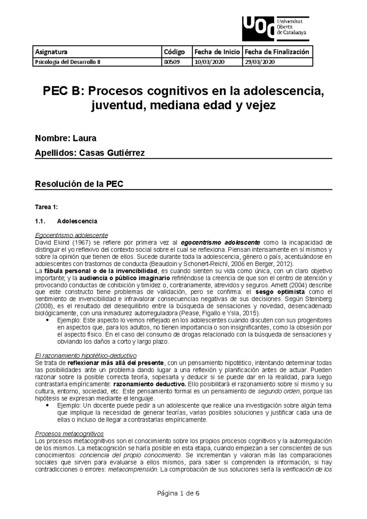 PEC B buena (Reparado) - Pec B psicología del desarrollo II. Nota A - Psicología del Desarrollo ...