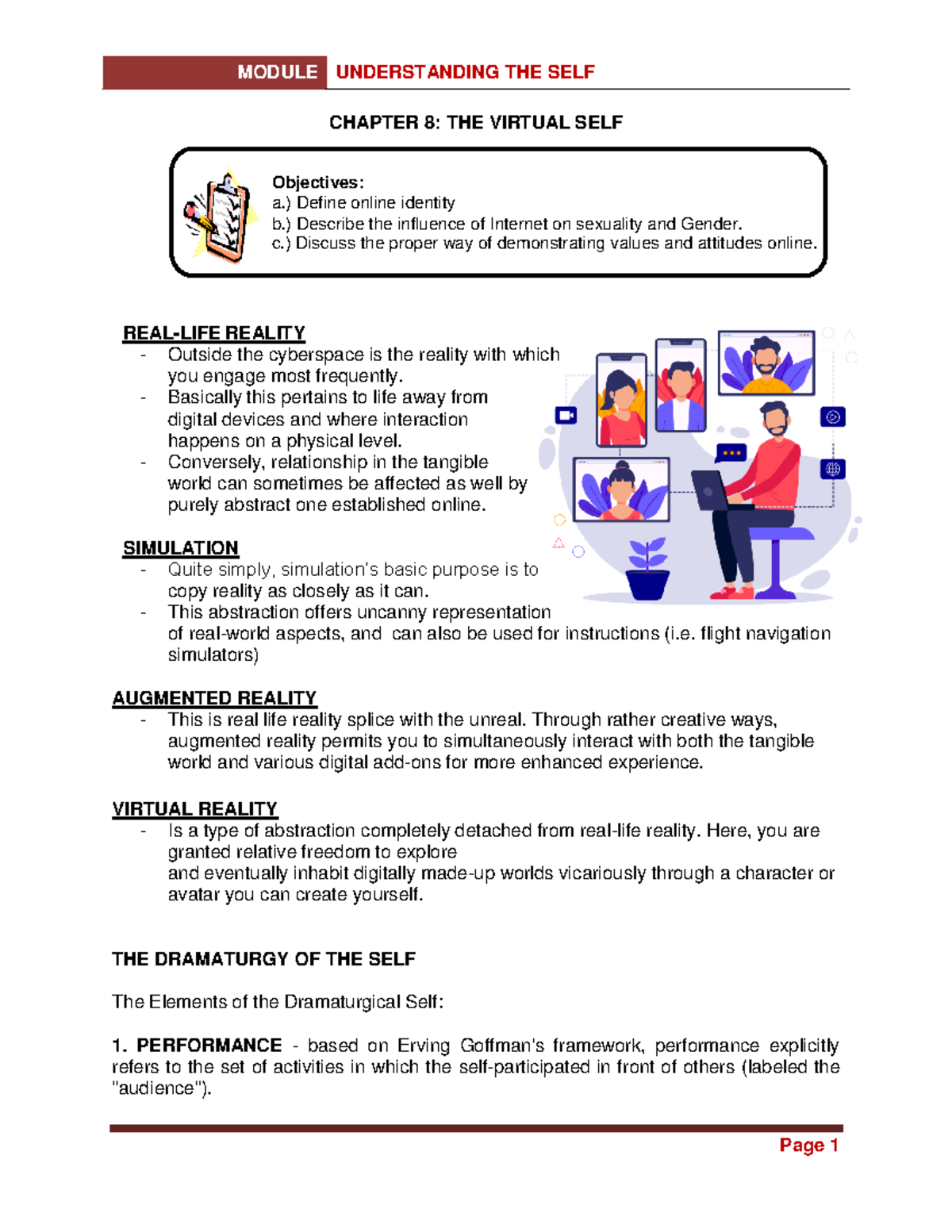 Chapter 8 - THE Virtual SELF - CHAPTER 8: THE VIRTUAL SELF Objectives: a.) Define online ...