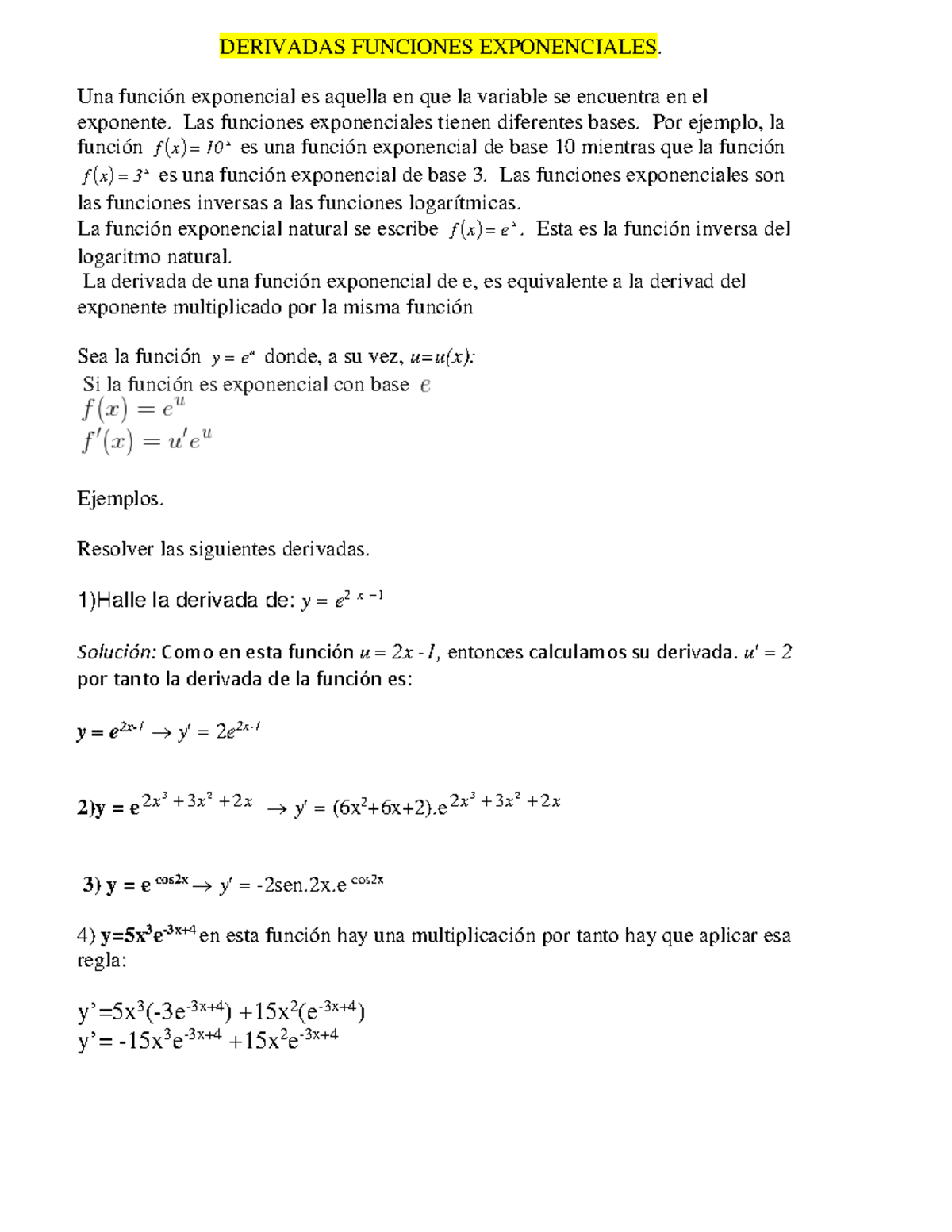 Derivada de funciones exponenciales y logaritmicas - DERIVADAS ...