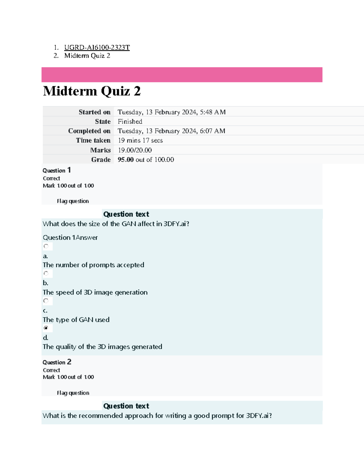 UGRD AI6100 AI Prompt Engineering Midterm Quiz and Lab Quiz 2 - 1. UGRD-AI6100-2323T 2. Midterm ...