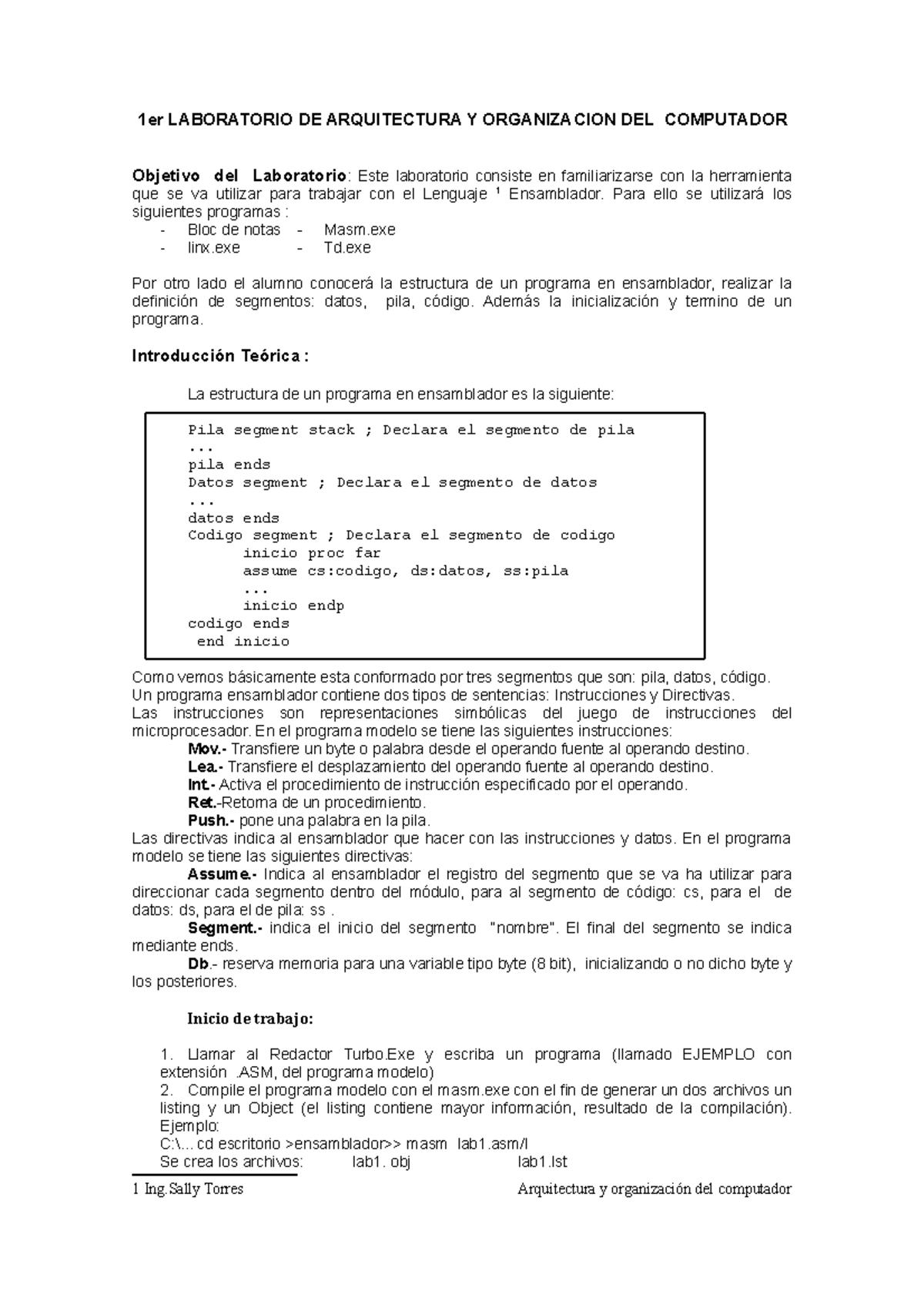 Laboratorio 1 - 1er LABORATORIO DE ARQUITECTURA Y ORGANIZACION DEL ...