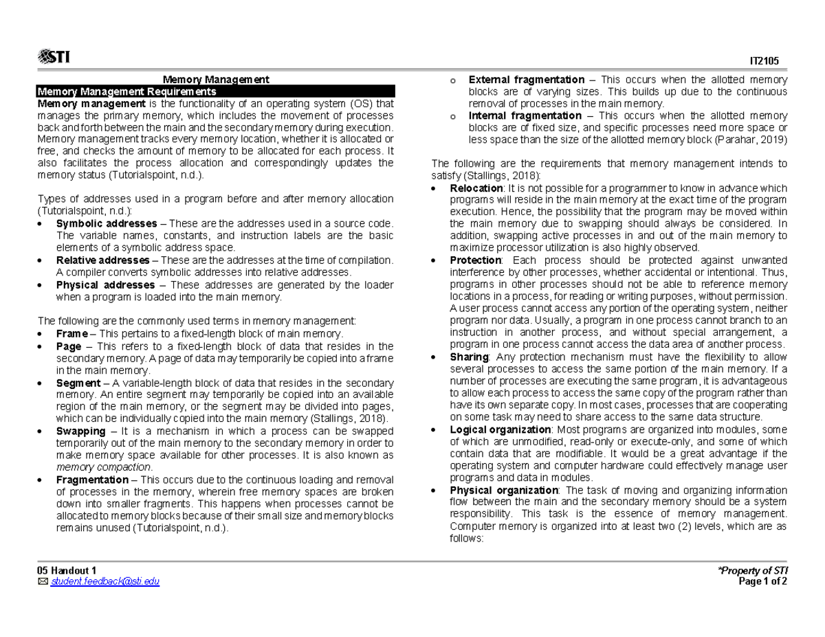 PT Memory Management - Prof. Leticia Gomez - IT 05 Handout 1 *Property ...