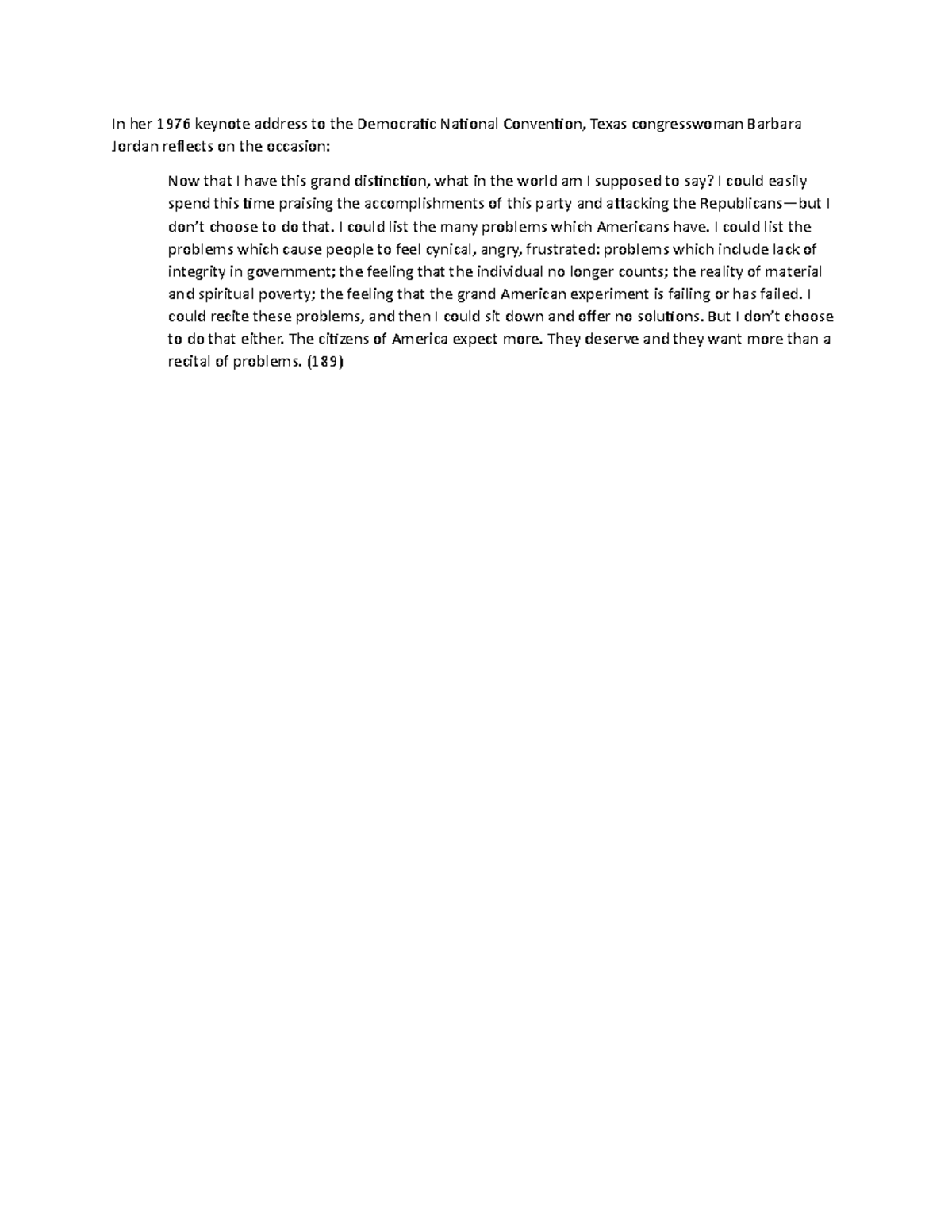 Barbara Jordan Speech - In her 1976 keynote address to the Democratic ...