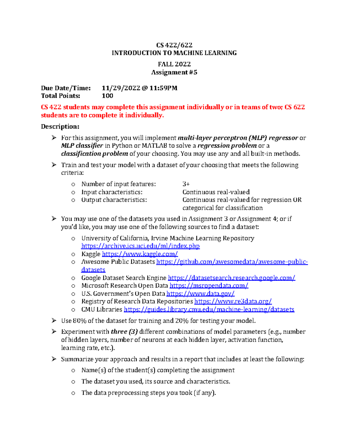 Machine Learning Assignment Instructions - CS 4 22/ INTRODUCTION TO ...