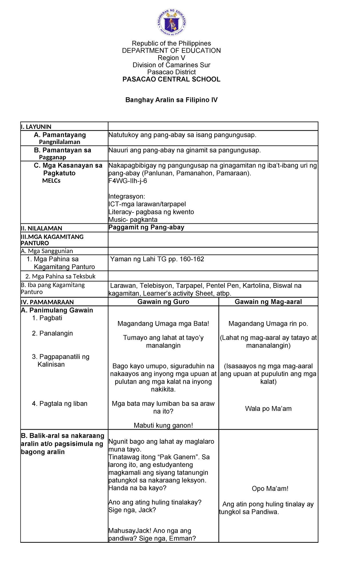 Filipino Deped DLP Format - Republic of the Philippines DEPARTMENT OF ...