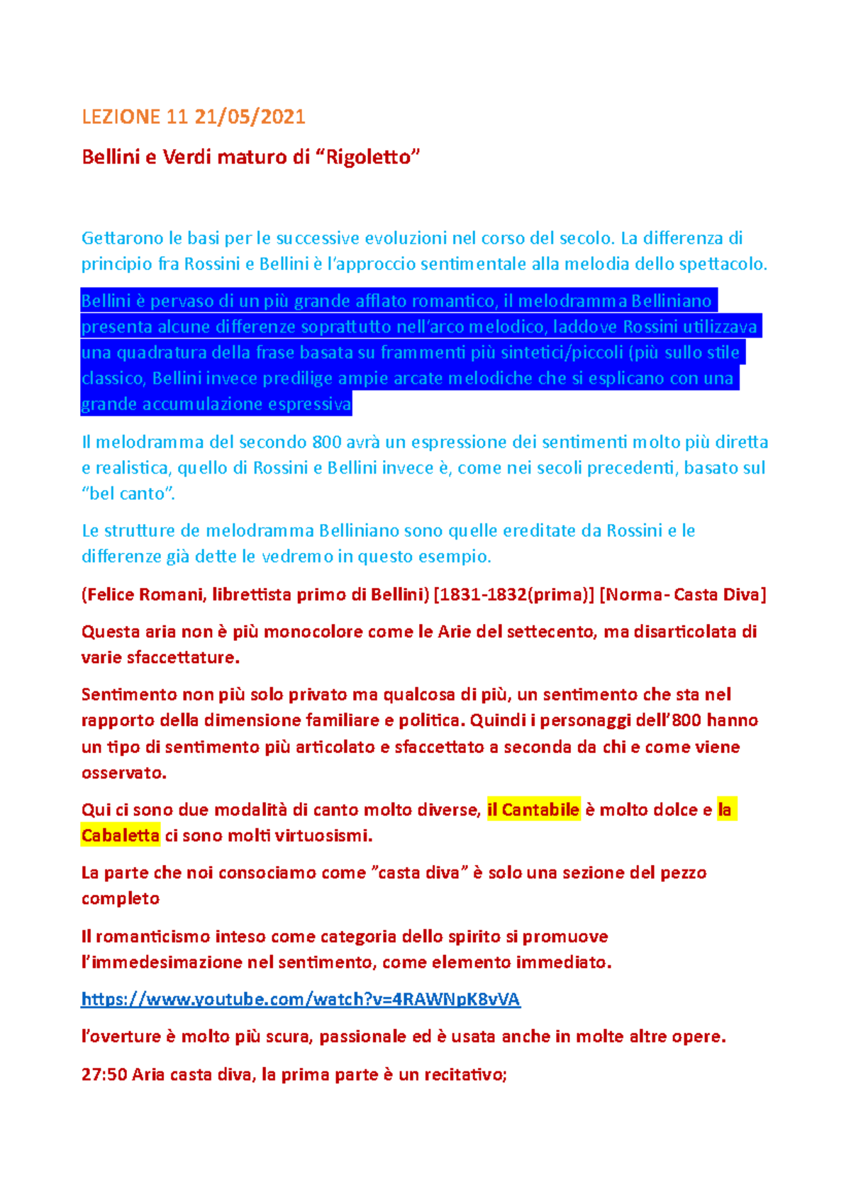 Lezione 11-12 - lezioni prof riassunti - LEZIONE 11 21/05/ Bellini e Verdi maturo di “Rigoletto ...