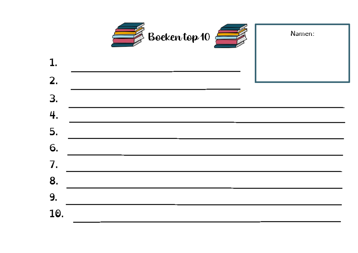 Boeken top 10 invullijst - Nederlands - Boeken top 10 1. 2. 3. 4. 5. 6 ...