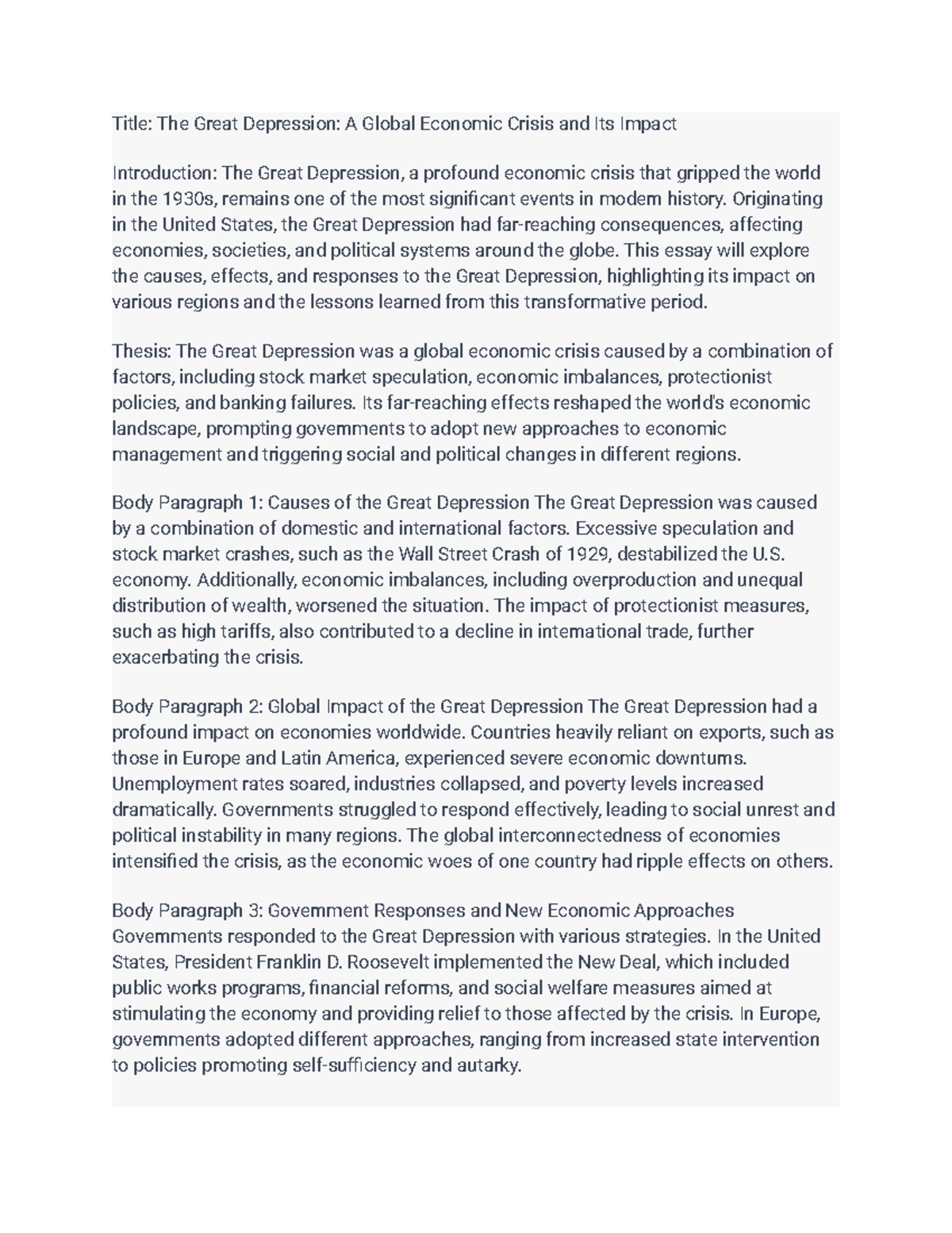 AP World History essay on the Great Depression - Title: The Great ...