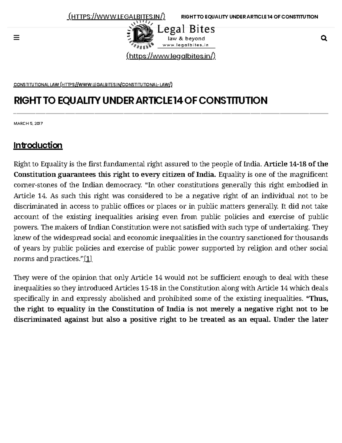 Right to Equality under Article 14 of the Constitution of India - MARCH ...