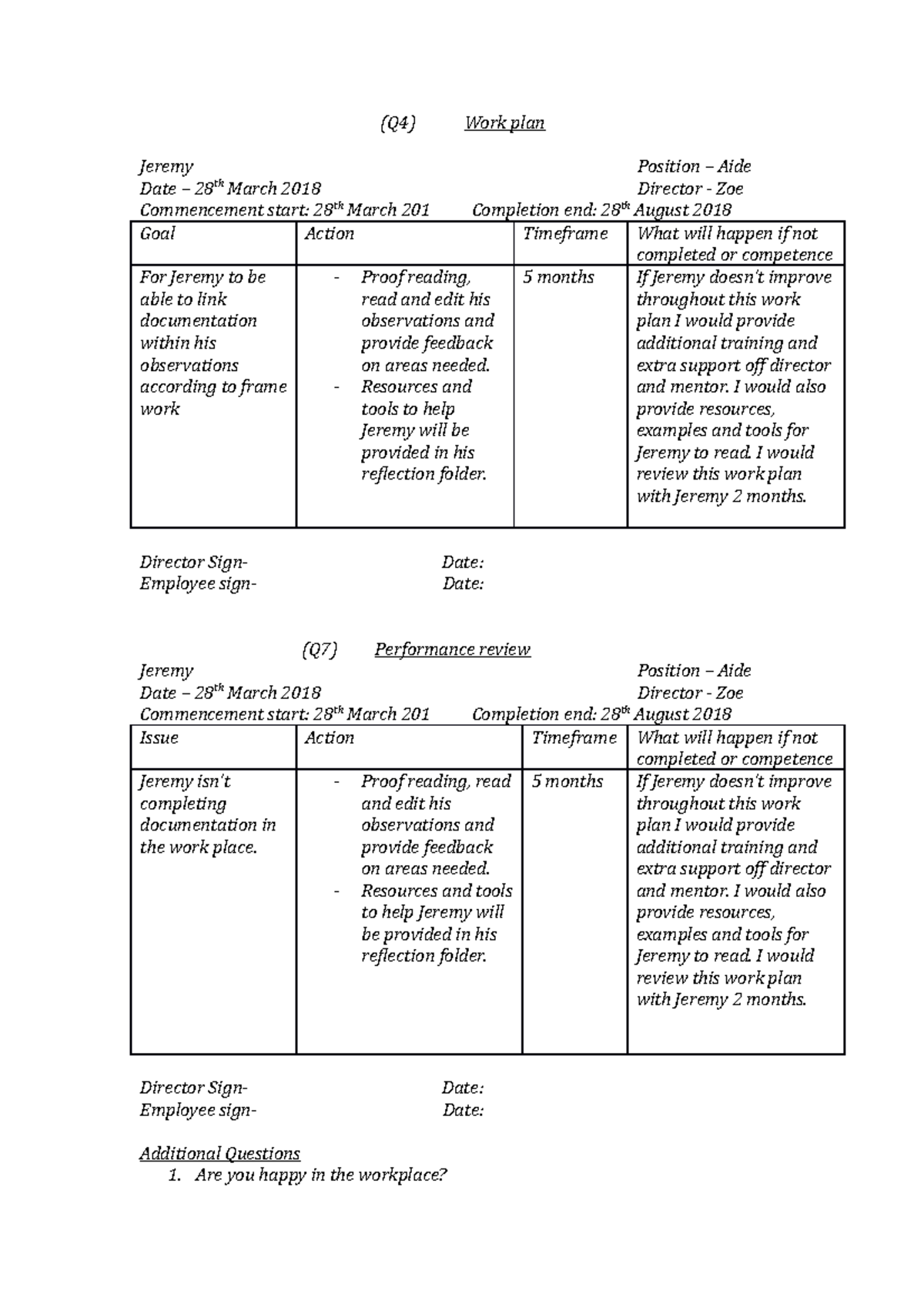 Section 4 - work plan - in the workplace - (Q4) Work plan Jeremy ...
