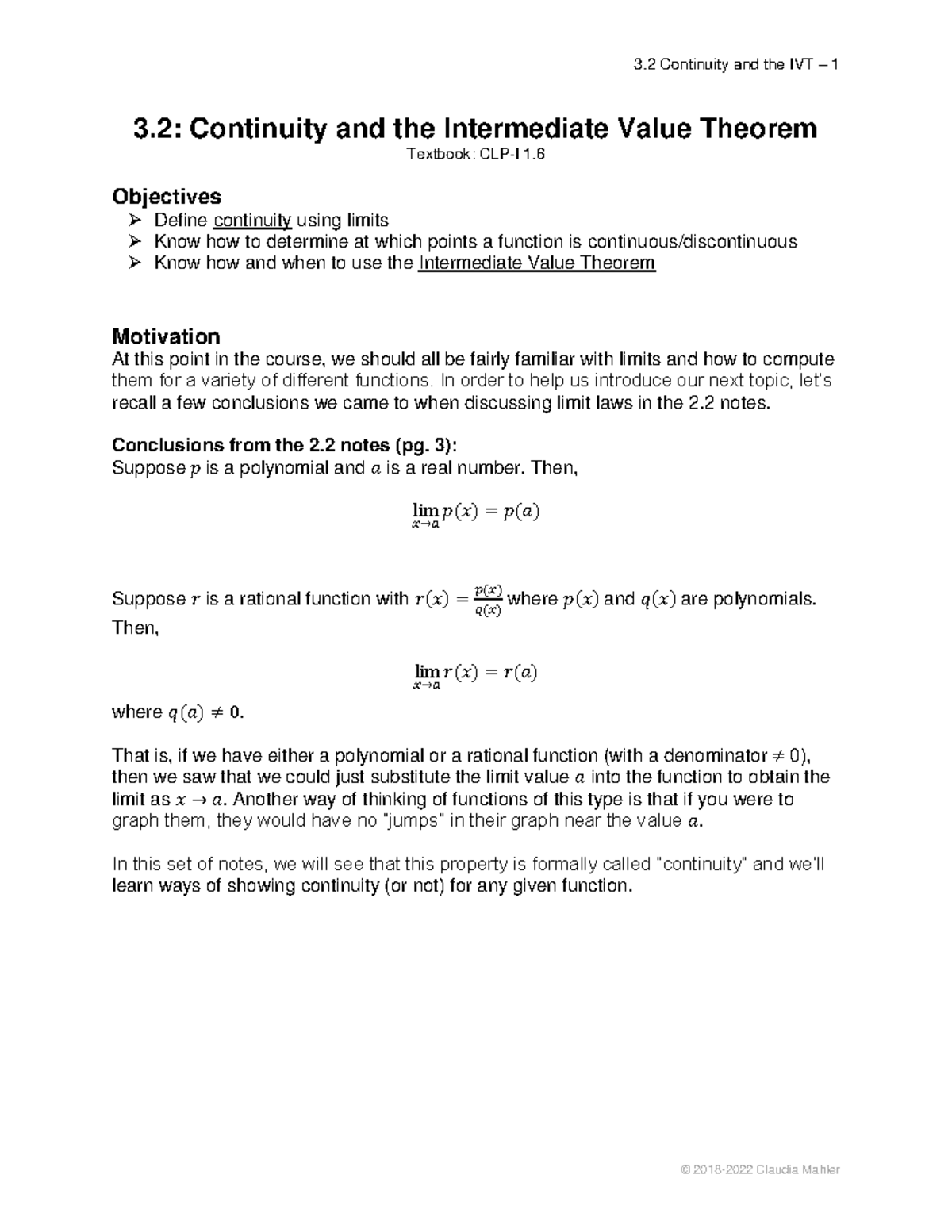 3.2 Continuity and the Intermediate Value Theorem 1 - 3: Continuity and ...