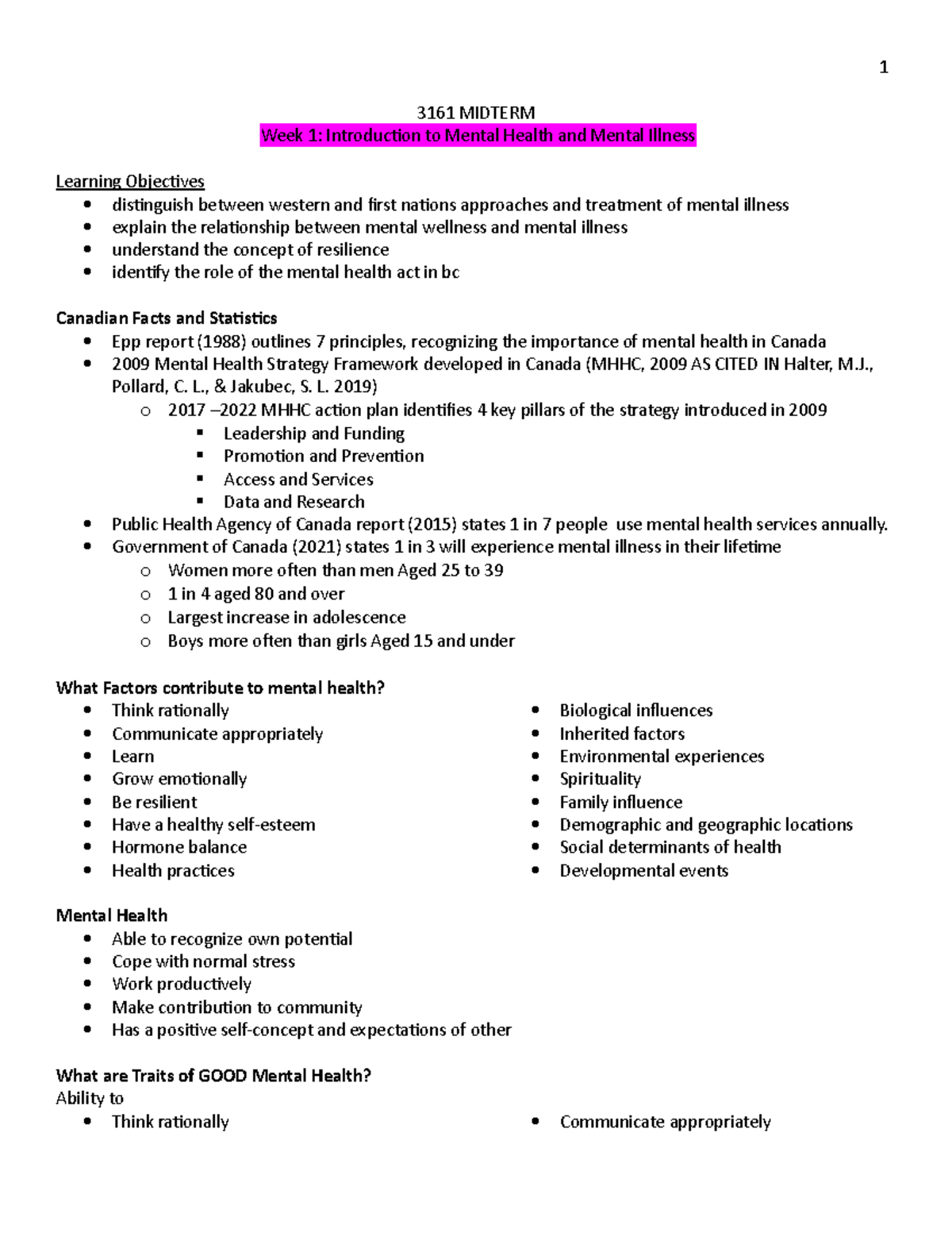 3161 Midterm - yuko - 3161 MIDTERM Week 1: Introduction to Mental Health and Mental Illness ...