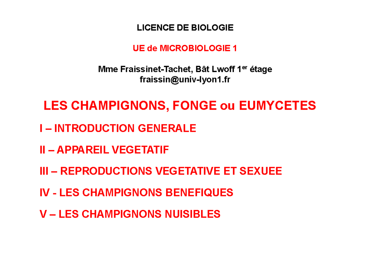 Cours LFT 2021-22 - LICENCE DE BIOLOGIE UE de MICROBIOLOGIE 1 Mme Fraissinet-Tachet, Bât Lwoff ...