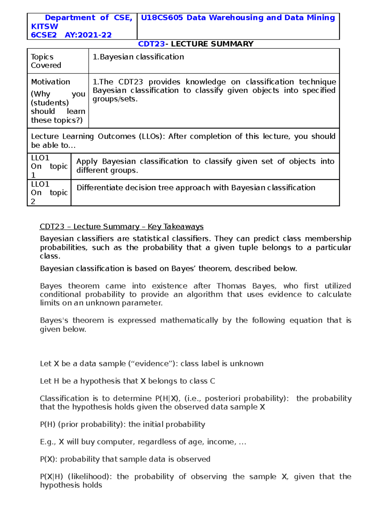 Datawarehousing-II - NOTES - KITSW 6CSE2 AY:2021- CDT23- LECTURE ...