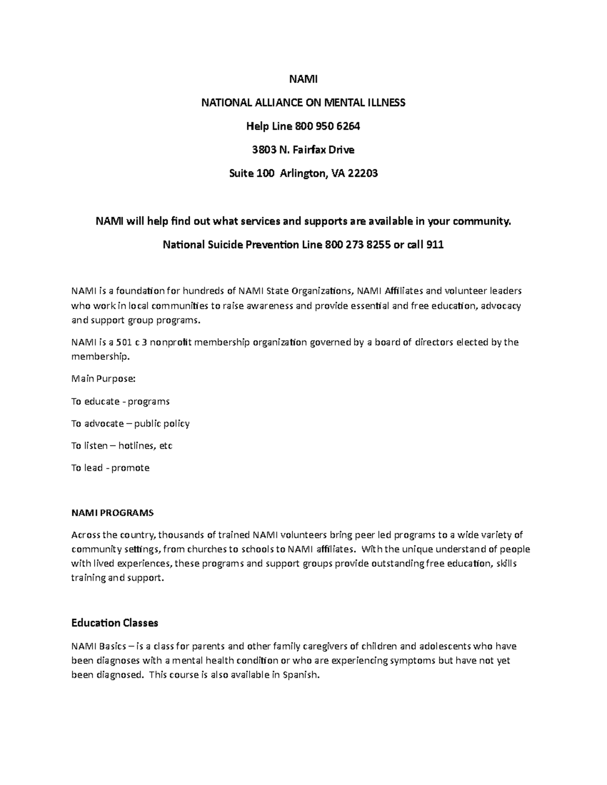 NAMI - Lecture notes 4 - NAMI NATIONAL ALLIANCE ON MENTAL ILLNESS Help ...