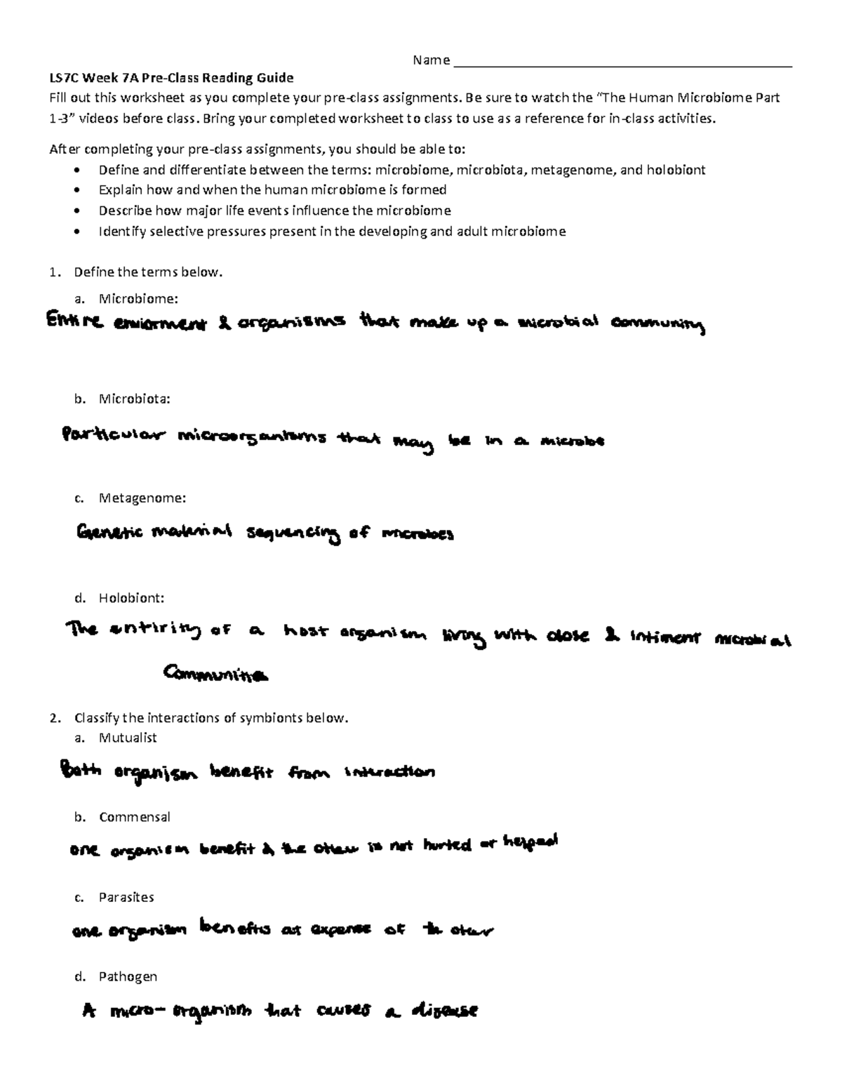 Pre class guides - Name ...