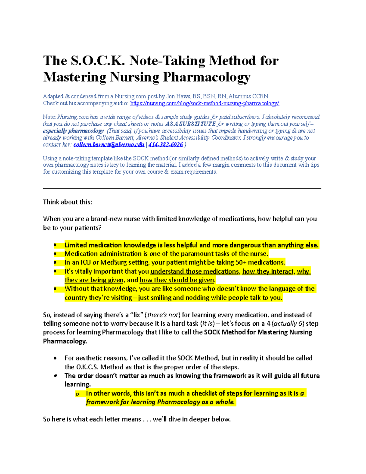 SOCK Method - Pharmacology Note Template Updated for MSN770 - Fall 2021 ...