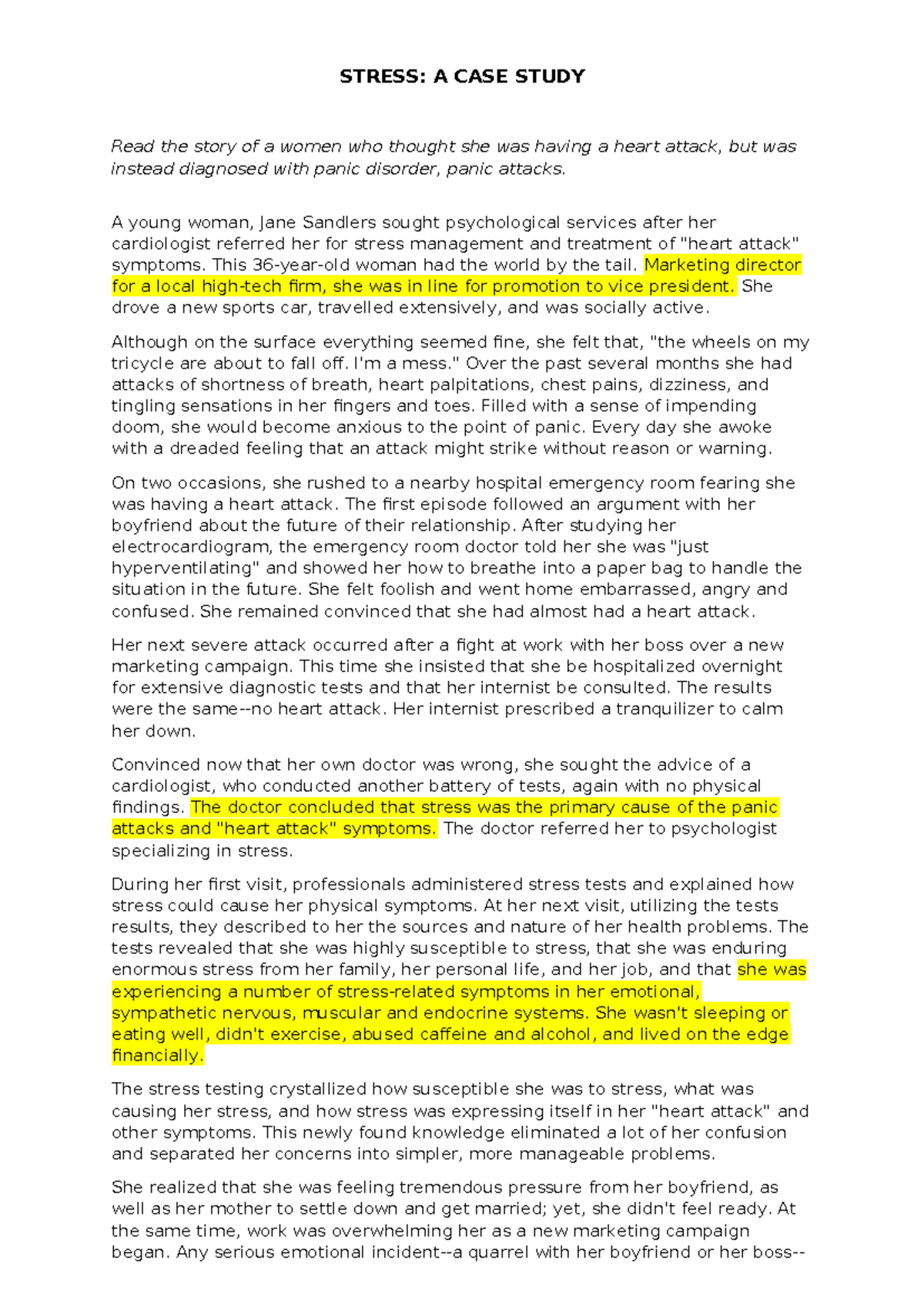 Case Study Ch3 - TUTO - STRESS: A CASE STUDY Read the story of a women ...