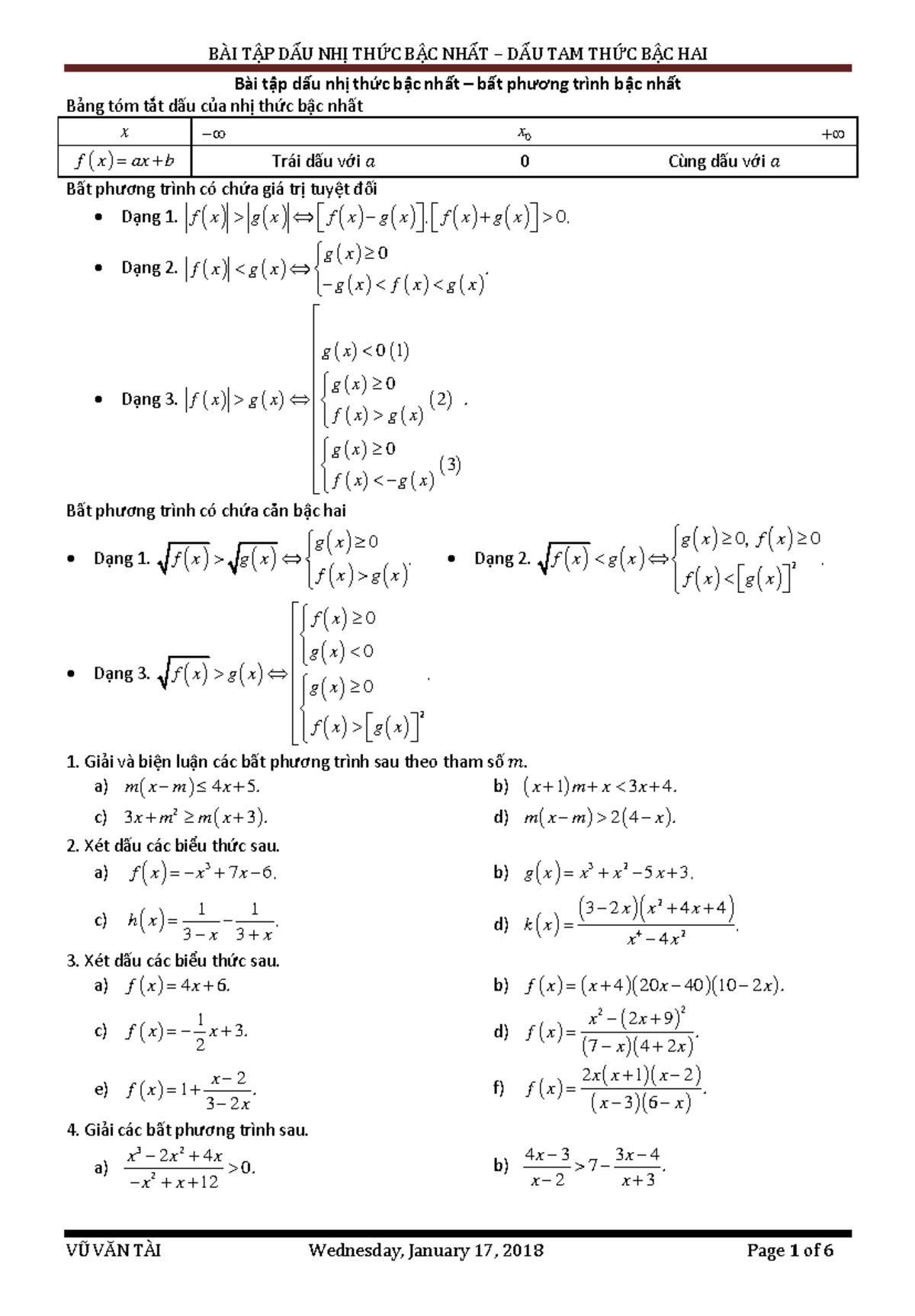 Bai tap Dau cua tam thuc bac hai - ban sua - B‡i tập dấu nhị thÿc bậc nhất – bất ph±ơng trình ...