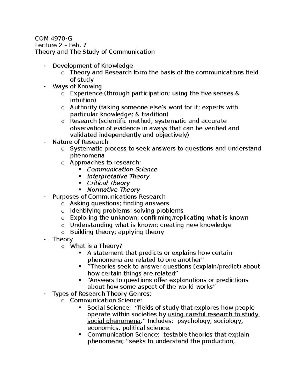 Lecture 2 – Feb. 7 - Grady - COM 4970-G Lecture 2 – Feb. 7 Theory and The Study of Communication ...