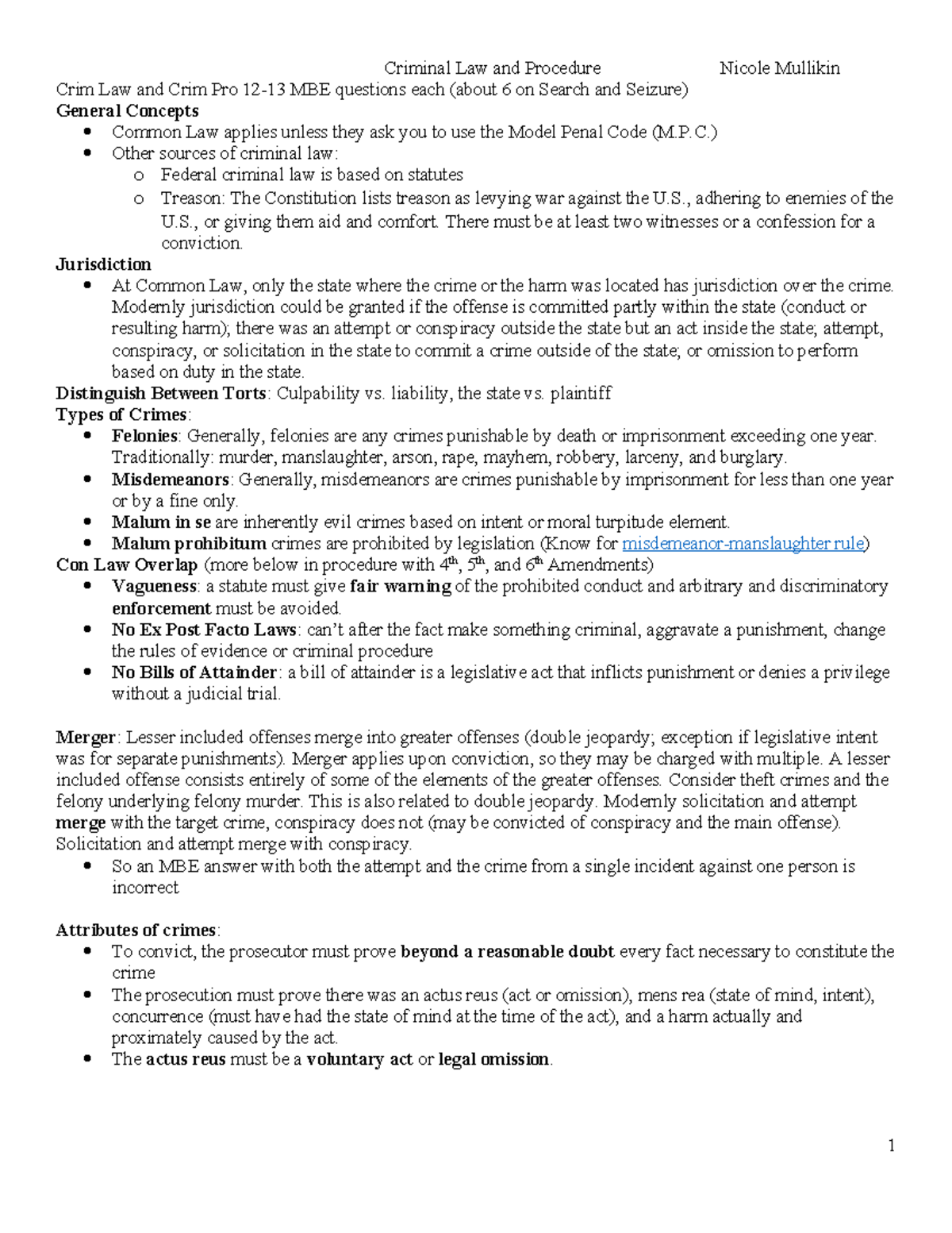 Criminal Law and Procedure Outline - Mullikin - Criminal Law and ...