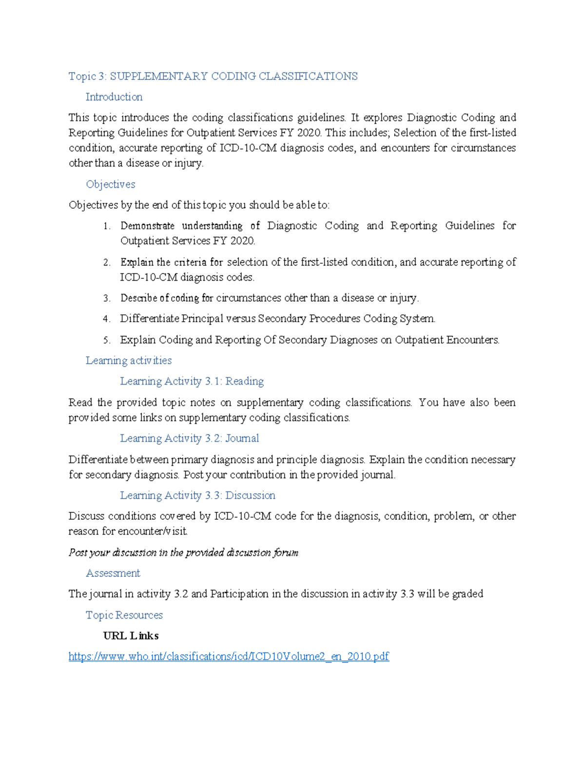 Topic 3 health coding - LECTURE NOTES - Topic 3: SUPPLEMENTARY CODING ...