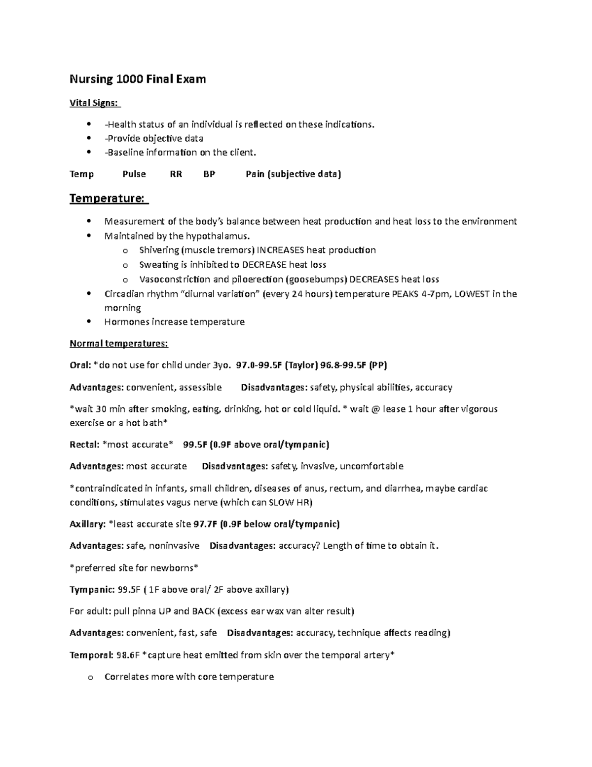 Nursing 1000 Final Exam Guide - Nursing 1000 Final Exam Vital Signs: -Health status of an - Studocu