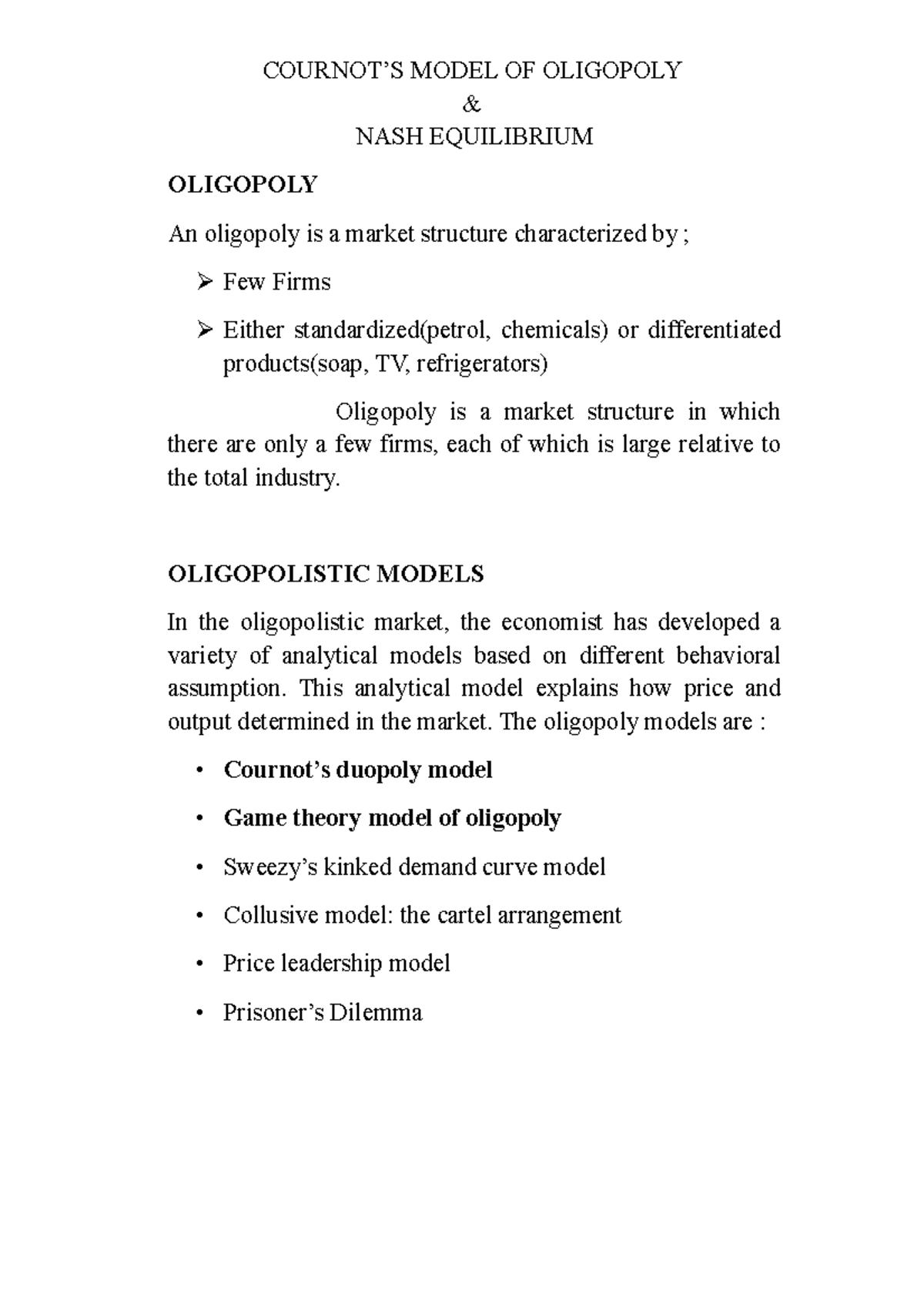 Cournot’S Model OF Oligopoly - COURNOT’S MODEL OF OLIGOPOLY & NASH ...
