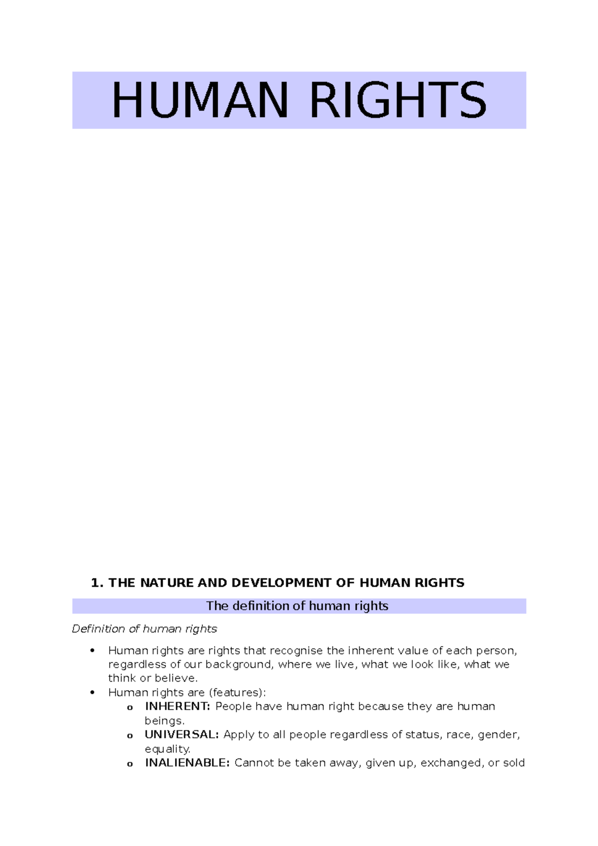 Human Rights Notes - HUMAN RIGHTS 1. THE NATURE AND DEVELOPMENT OF ...
