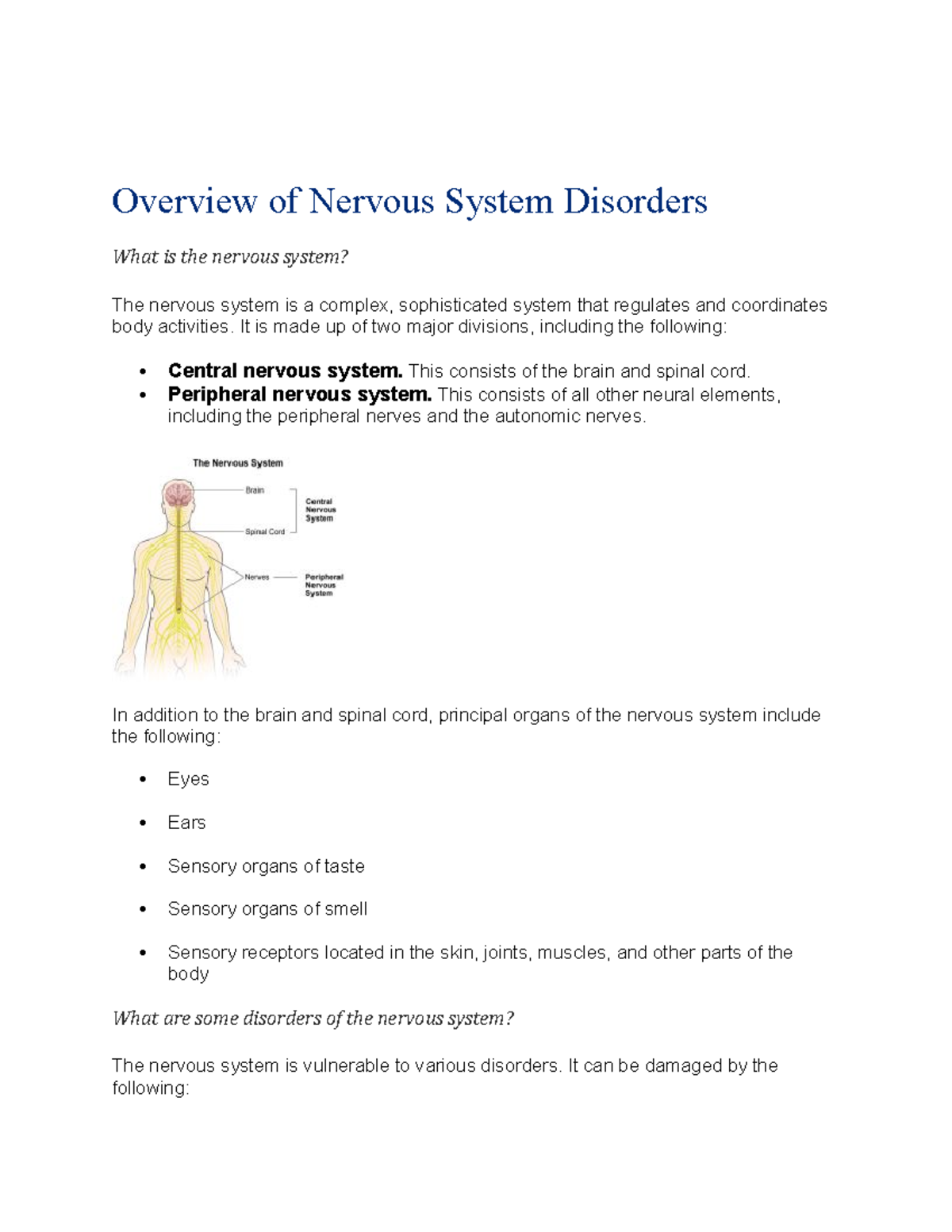 Overview of Nervous System Disorders - It is made up of two major ...