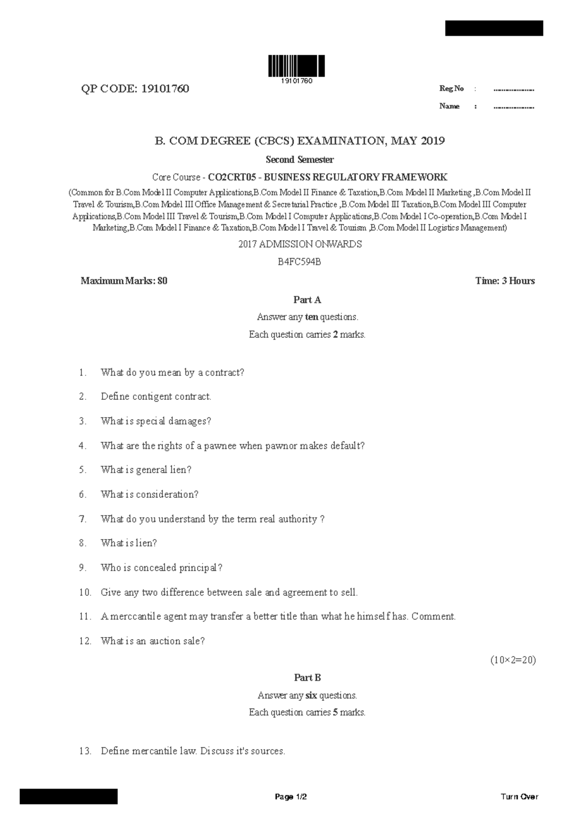 Bcom 2 sem business regulatory framework 19101760 may 2019 - QP CODE ...