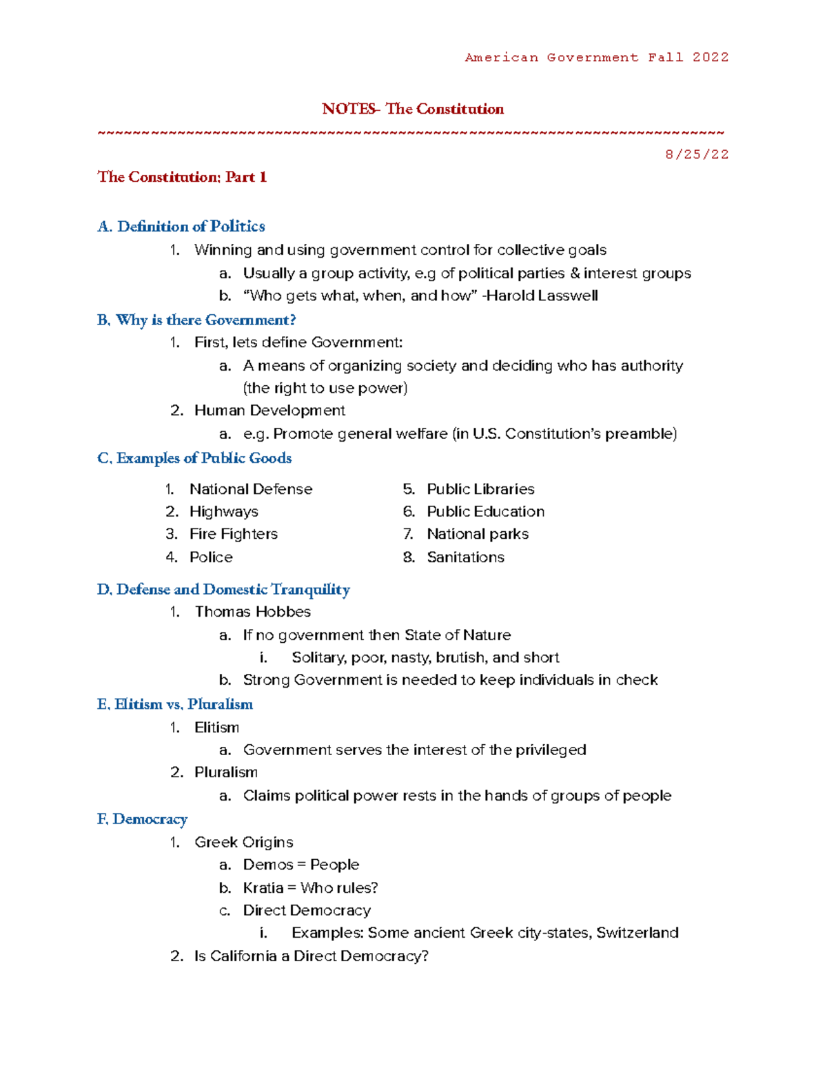 American Gov notes - American Government Fall 2022 NOTES- The ...